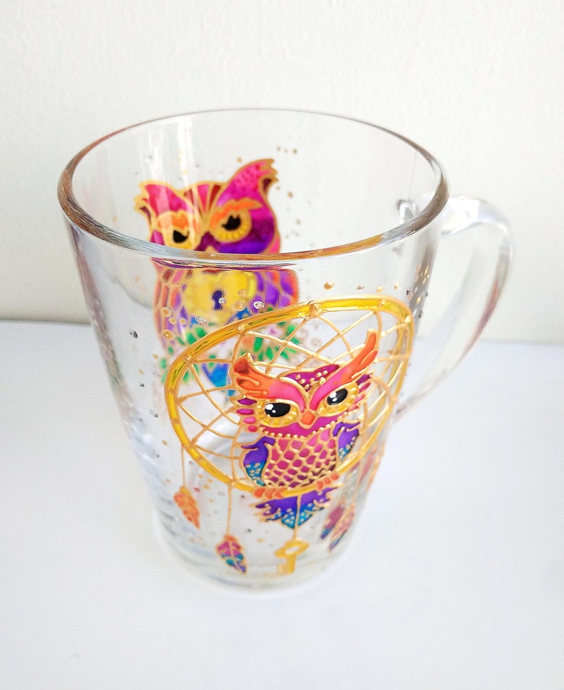 Colored owls mug glass owl coffee cup for her fantasy birds | Etsy