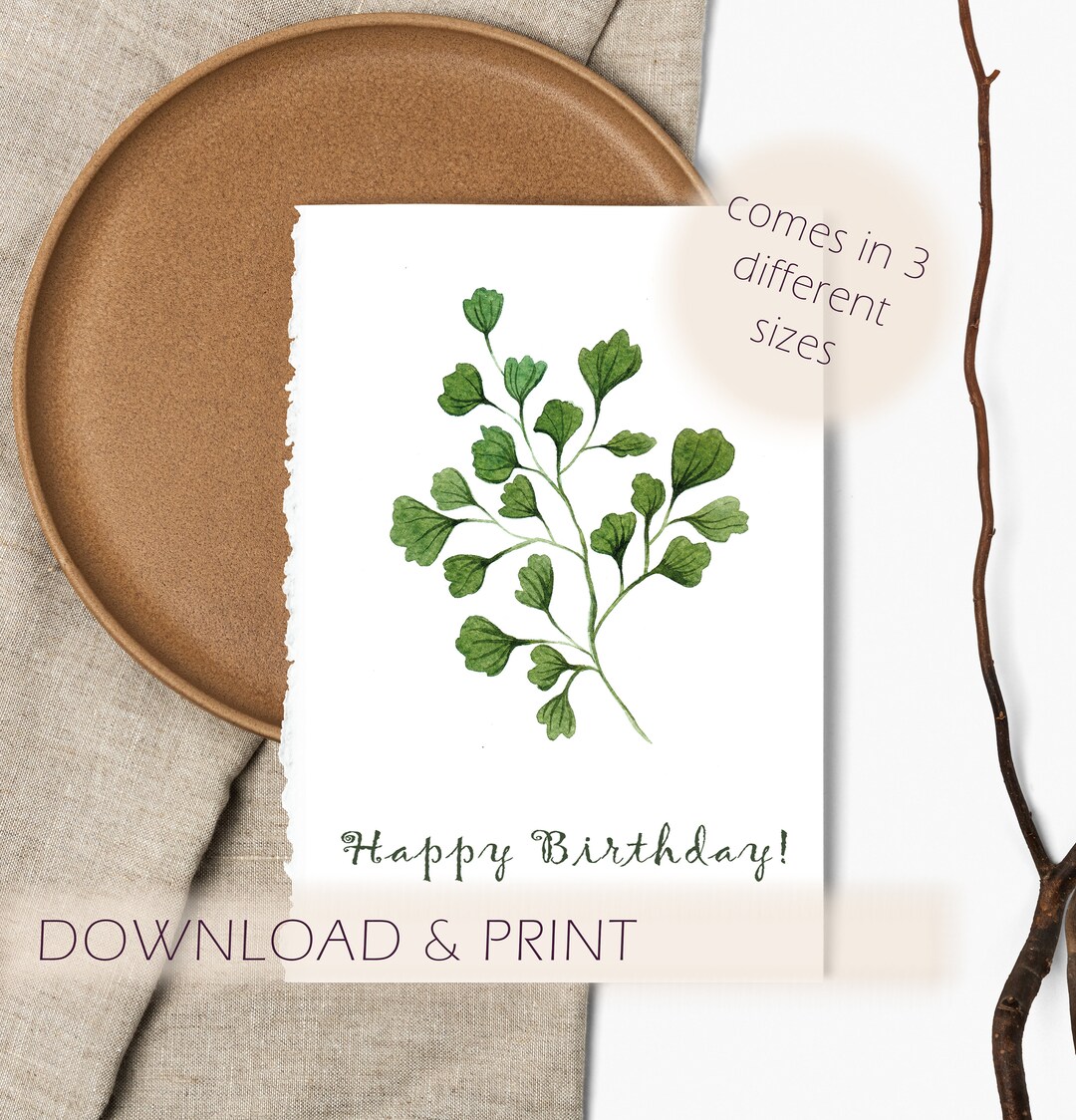 Happy Birthday Printable Greeting Card With Painted Maidenhair Fern ...