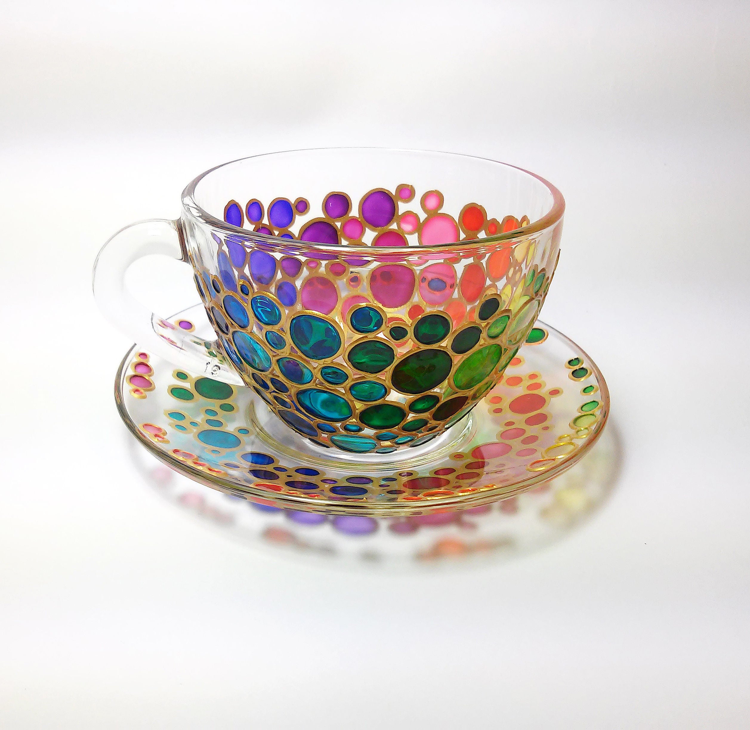 Rainbow Tea Cups & Saucers Set of 4 Painted Glass Cups With 4 - Etsy ...