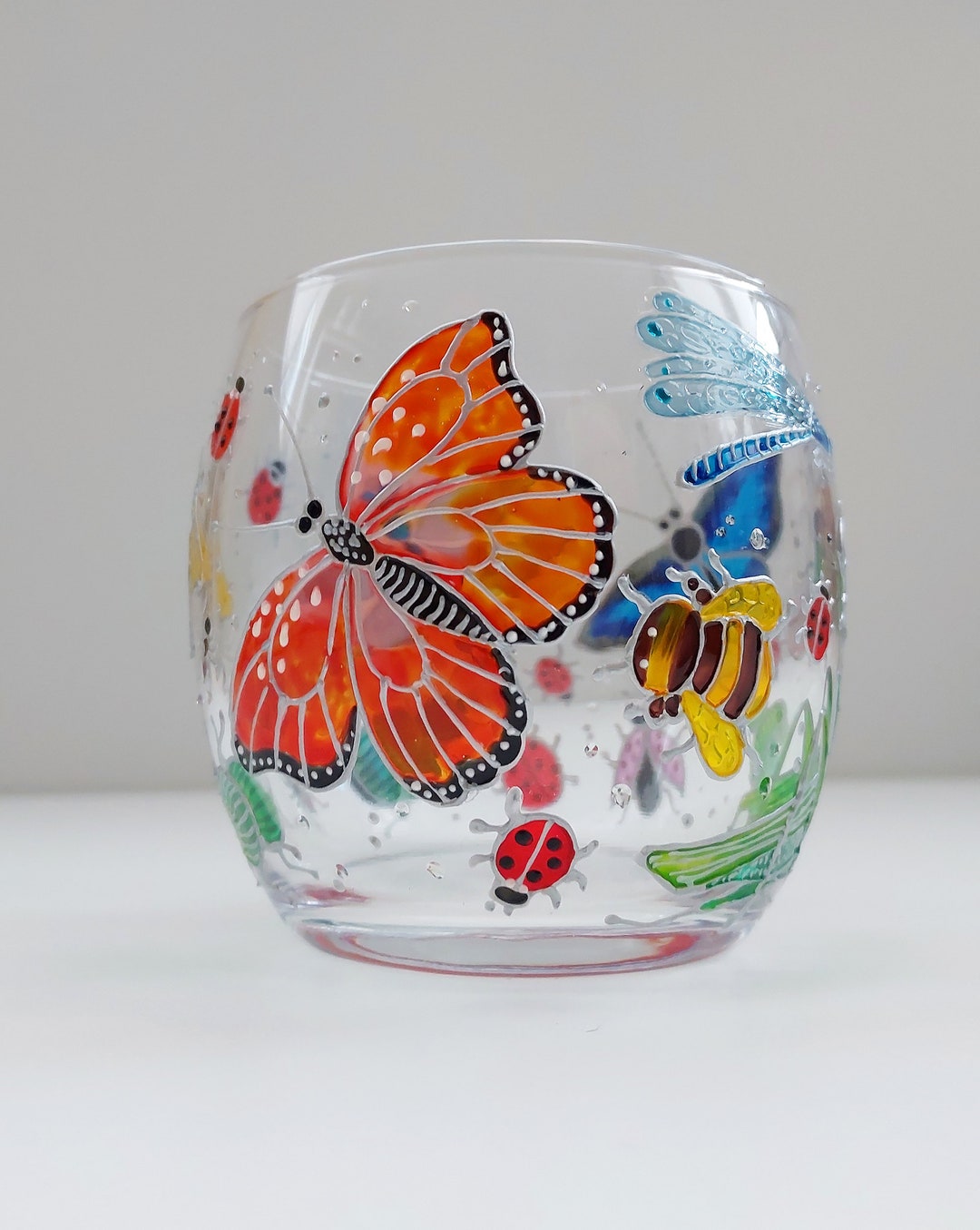 Bugs & Beetles Stemless Wine Glass, Insects Hand Painted Glass Gift - Etsy