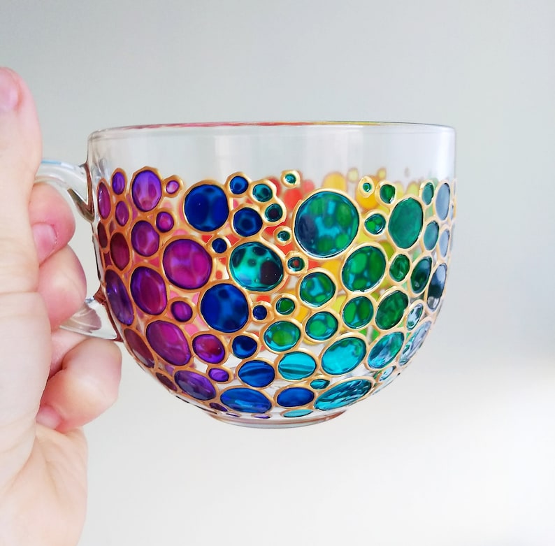 Rainbow Glass Mug, Colored Hand Painted Coffee Mug With Funny Bubbles ...