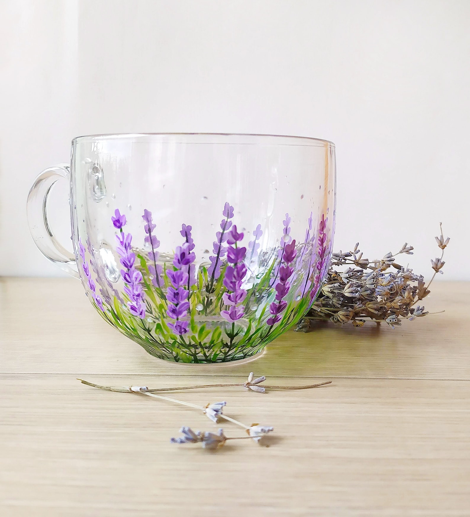 Lavender Big Glass Mug Floral Hand Painted Coffee Mug Gift - Etsy