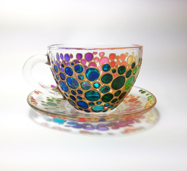 Rainbow Tea Cups & Saucers Set of 4 Painted Glass Cups With 4 - Etsy