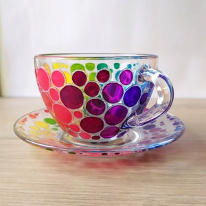 Rainbow Tea Cup & Saucer Set, Hand Painted Glass Cup Gift, Rainbow Home ...
