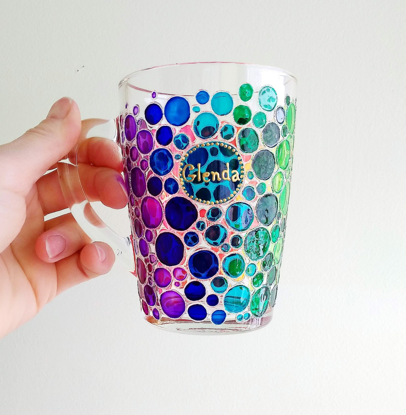 Rainbow Coffee Mug Gift, Colorful Hand Painted Glass Mug With Bubbles ...