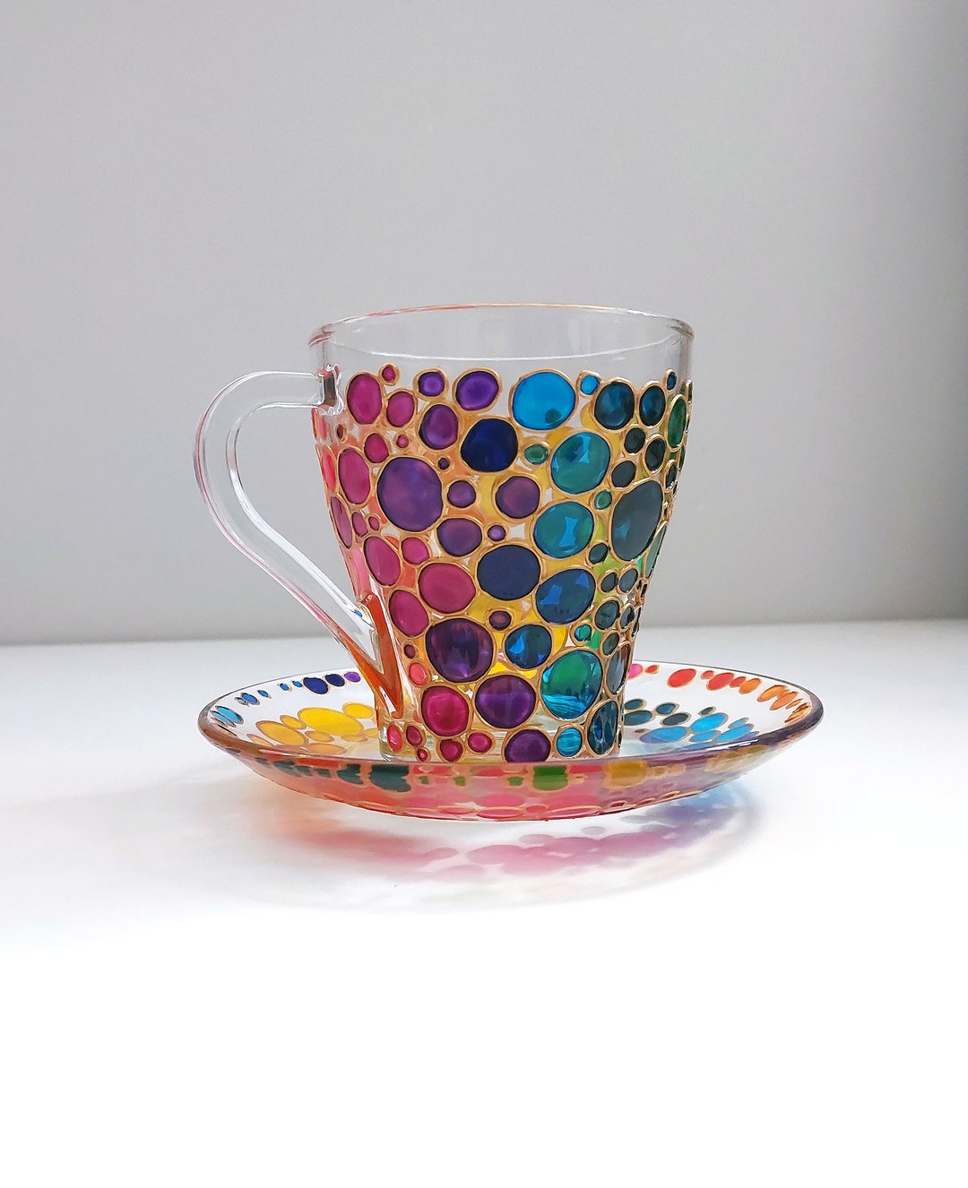 Hand-painted Rainbow Glass Tea Cup and Saucer Set - Etsy