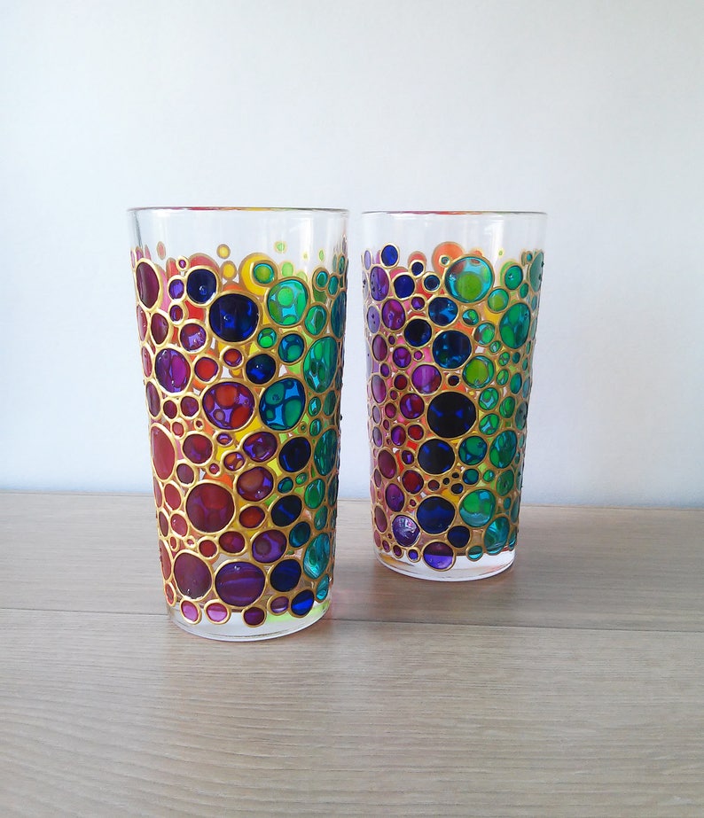 Rainbow Drinking Glasses Set of 2 Couple Glass Hand Painted Colored ...