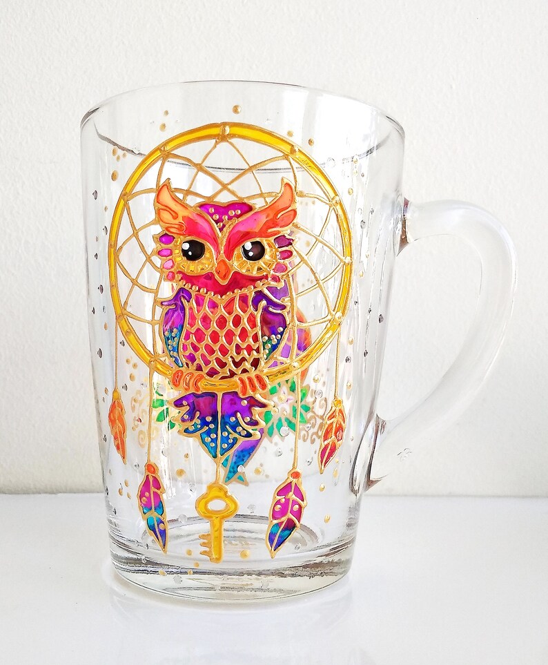 Colored Owls Glass Mug, Fantasy Birds Hand Painted Coffee Cup for Her ...