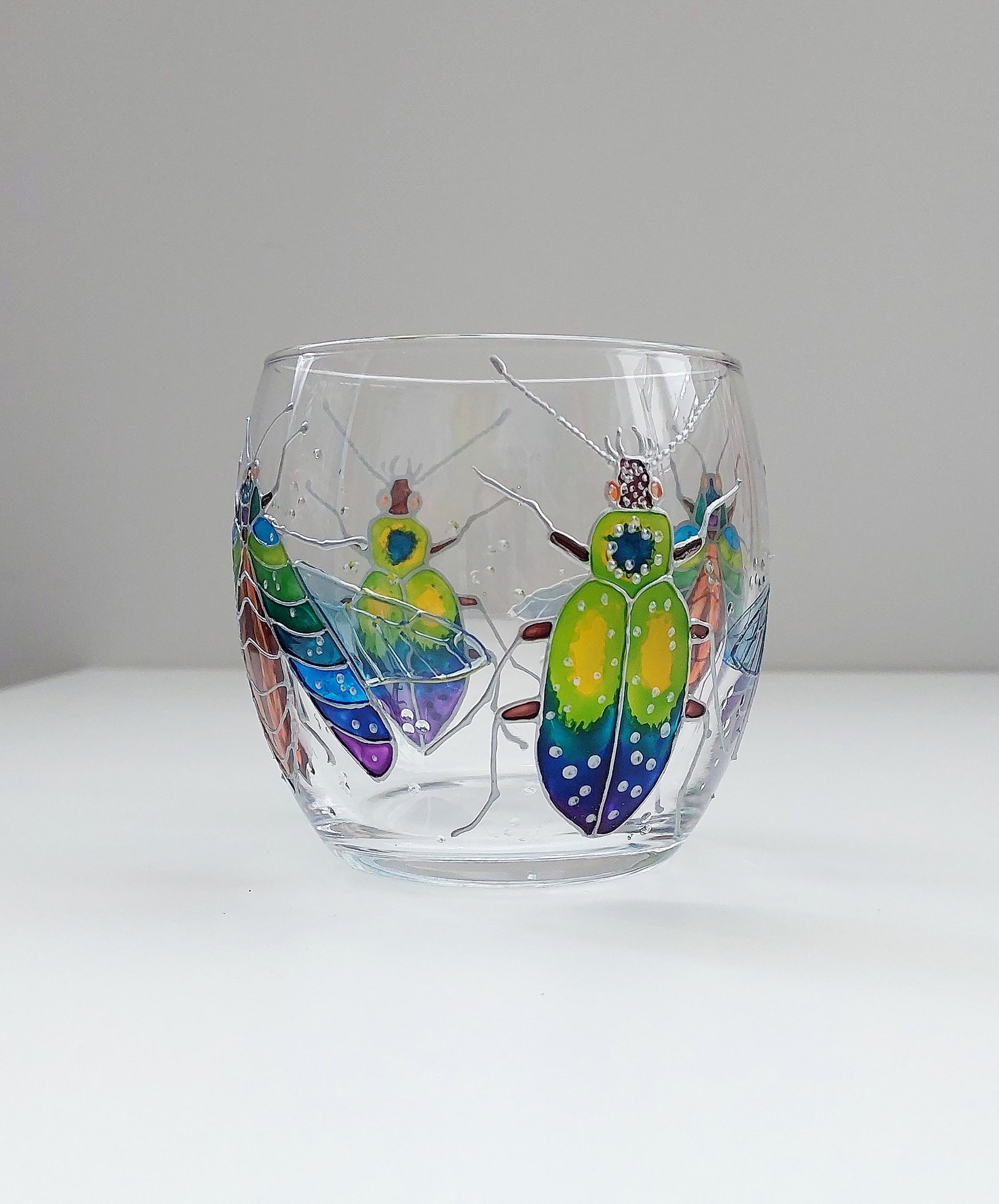Bugs & Beetles Stemless Wine Glass, Custom Hand-painted Insect Wine ...
