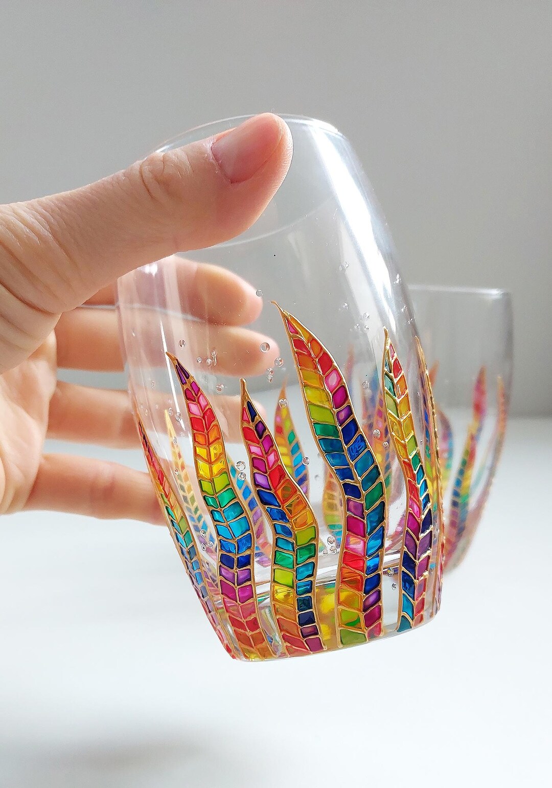 Rainbow Feather Water Glasses Set of 2, Hand-painted Colorful Gift ...