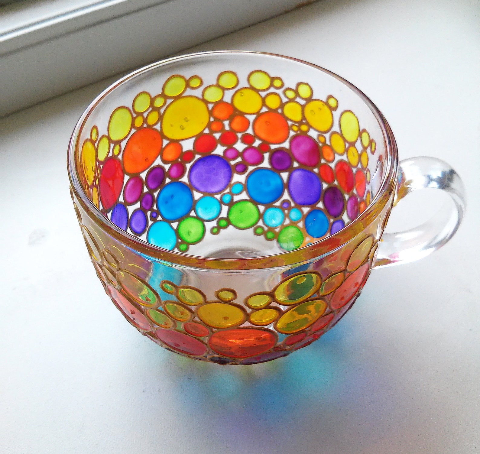 Rainbow Glass Mug, Hand-painted Coffee Mug With Funny, Colorful Bubbles ...