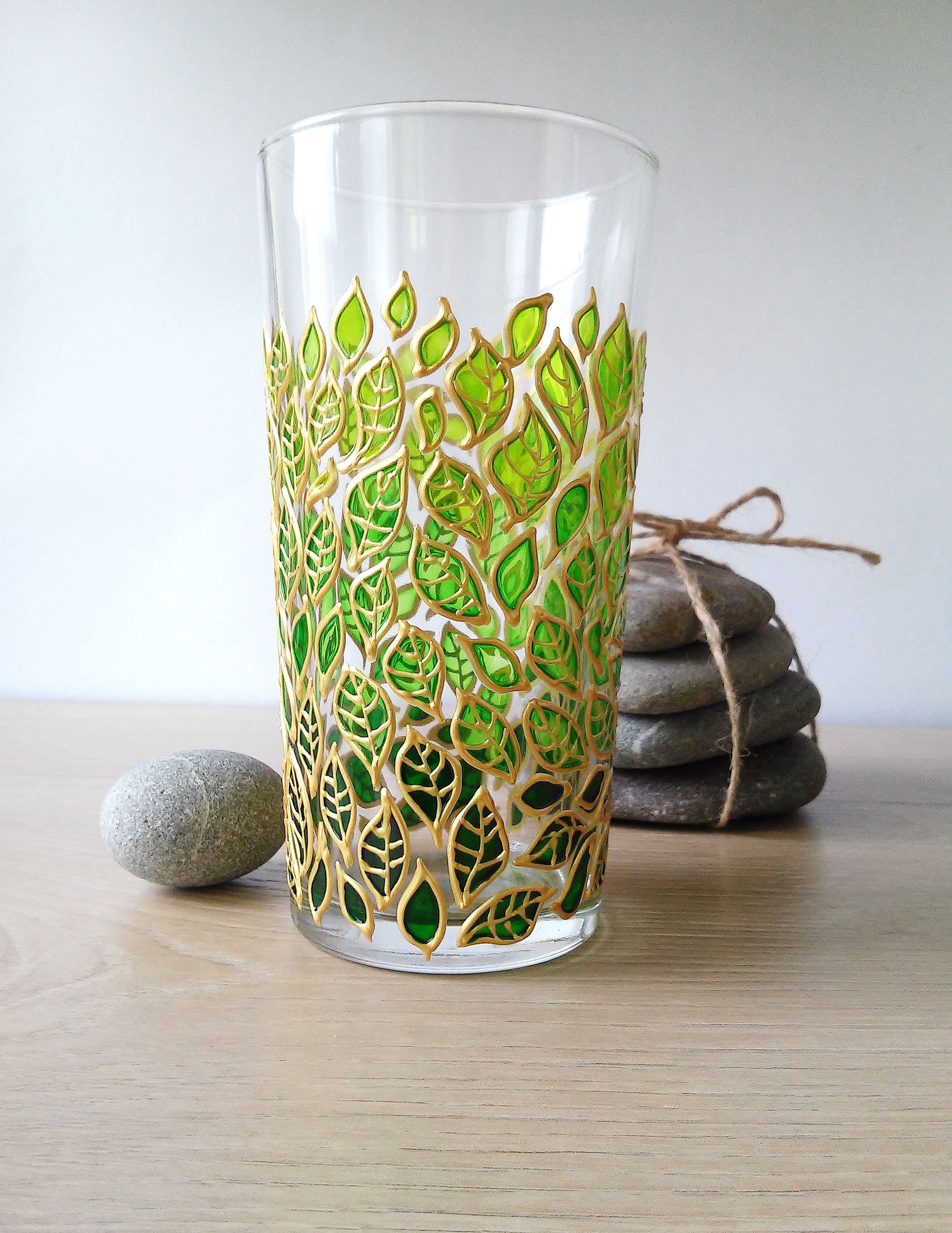 Floral drinking glass painted with green gradient leaves | Etsy