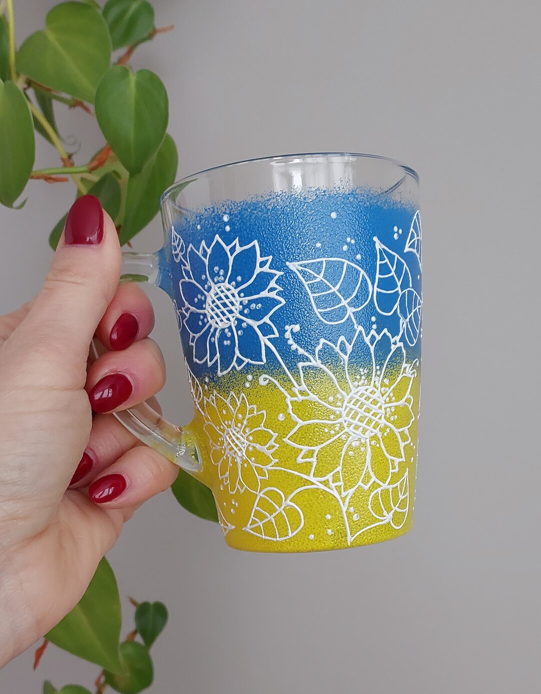 Ukrainian Blue and Yellow Glass Mug With Ink Sunflowers, Nature ...