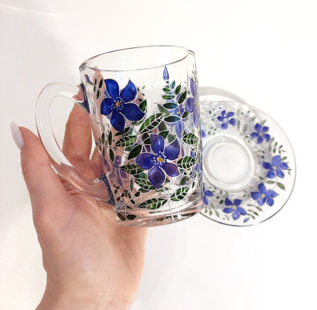 Periwinkle Glass Set of Cup & Saucer, Hand-painted Violet Flowers ...