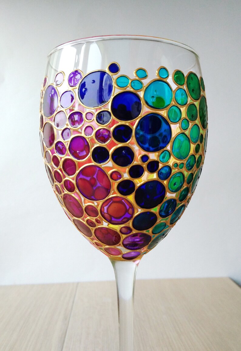 Rainbow Wine Glass, Hand Painted Multi Colored Bubbles Design - Etsy