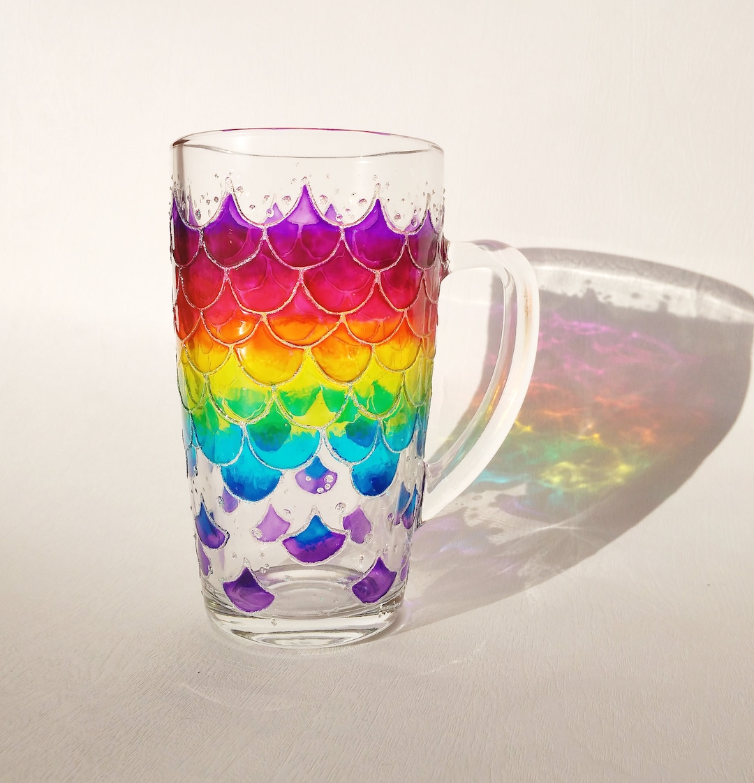 Rainbow Mermaid Tail Glass Mug: Hand-painted Fish Scales Coffee Cup - Etsy