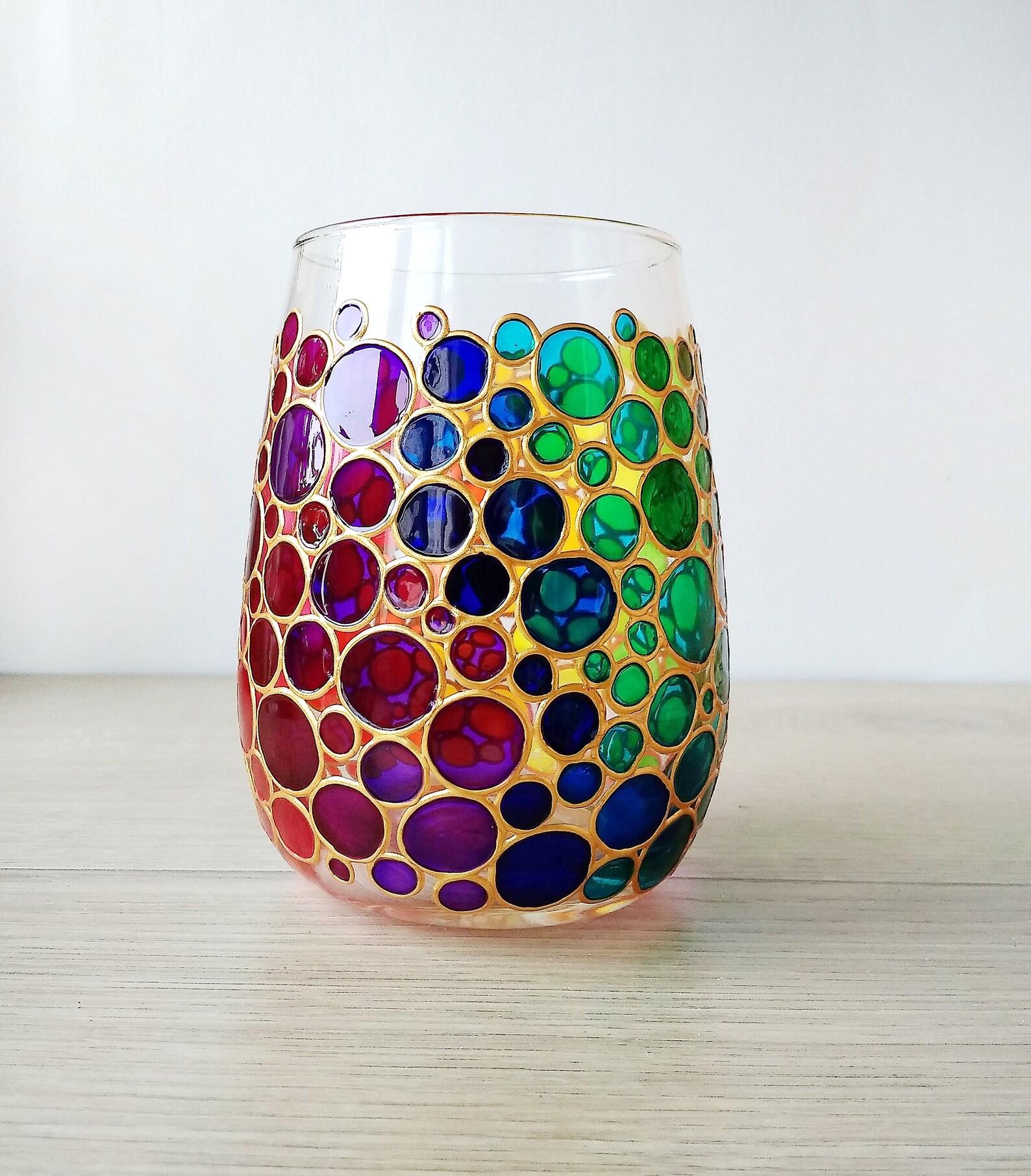 Stemless rainbow wine glass custom hand painted wine glasses | Etsy