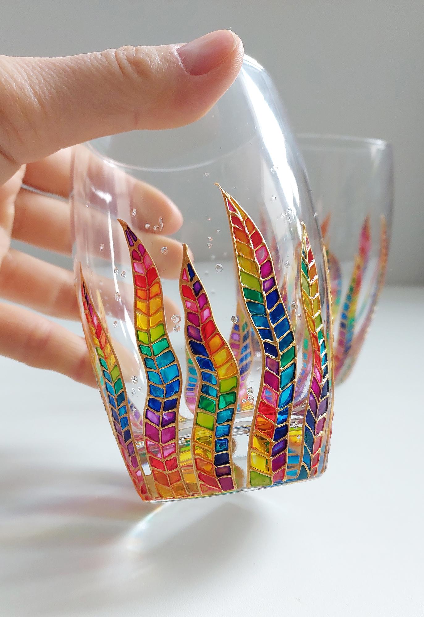 Rainbow Feather Water Glasses Set of 2, Hand-painted Colorful Gift ...