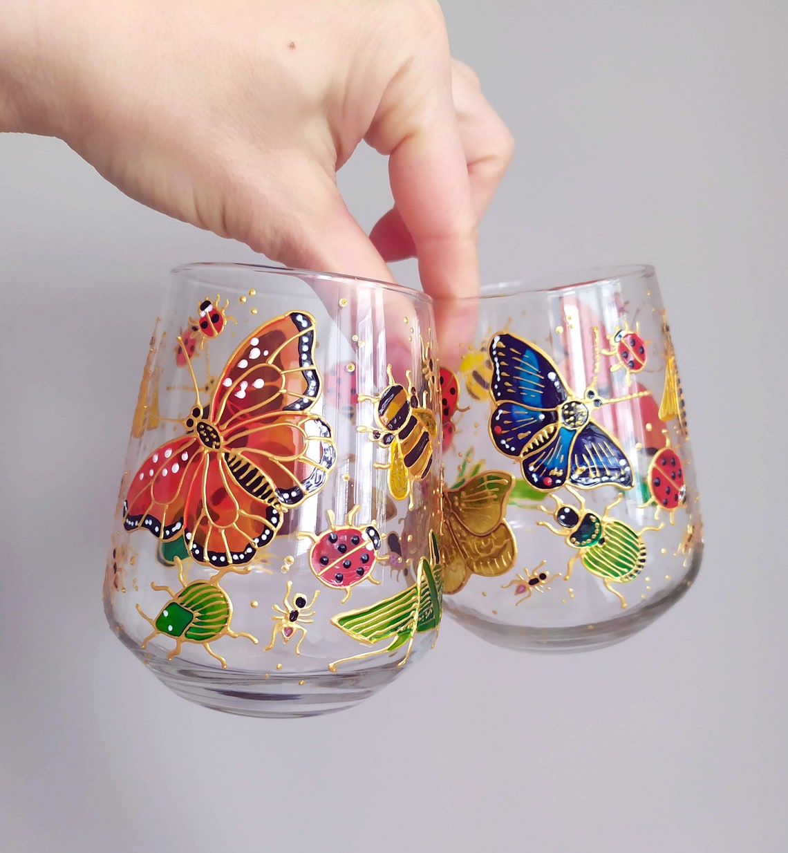 Bugs & Beetles Stemless Wine Glass Insects Hand Painted Glass - Etsy