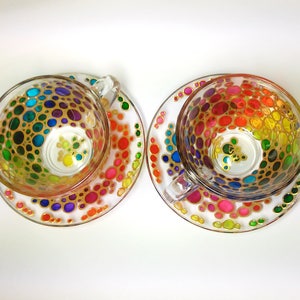Rainbow Bubbles Tea Cup Set: Hand-painted Glass Cups & Saucers - Etsy