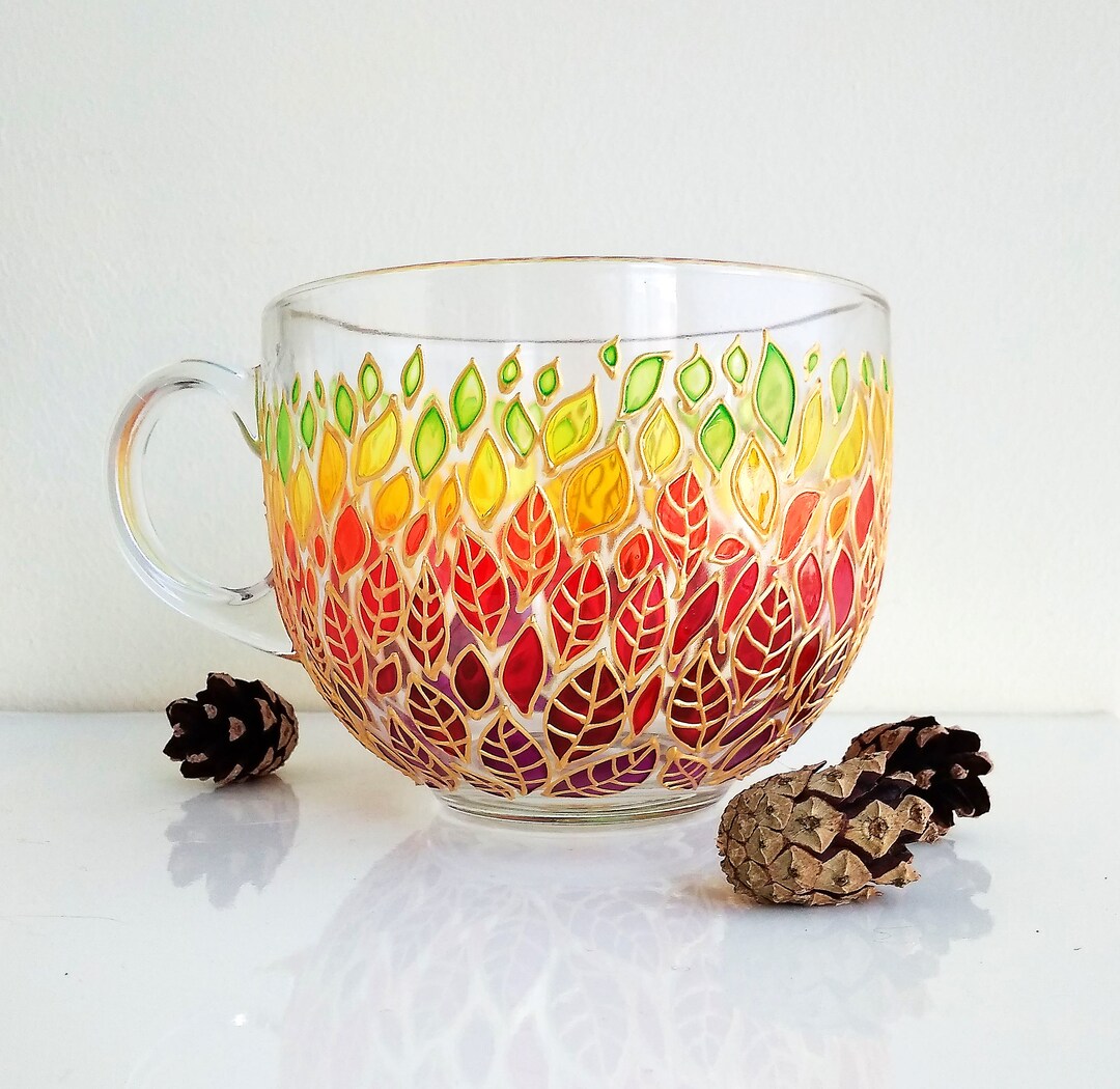 Fall Floral Mug, Hand-painted Glass Mug Gift for Nature Lover Person - Etsy
