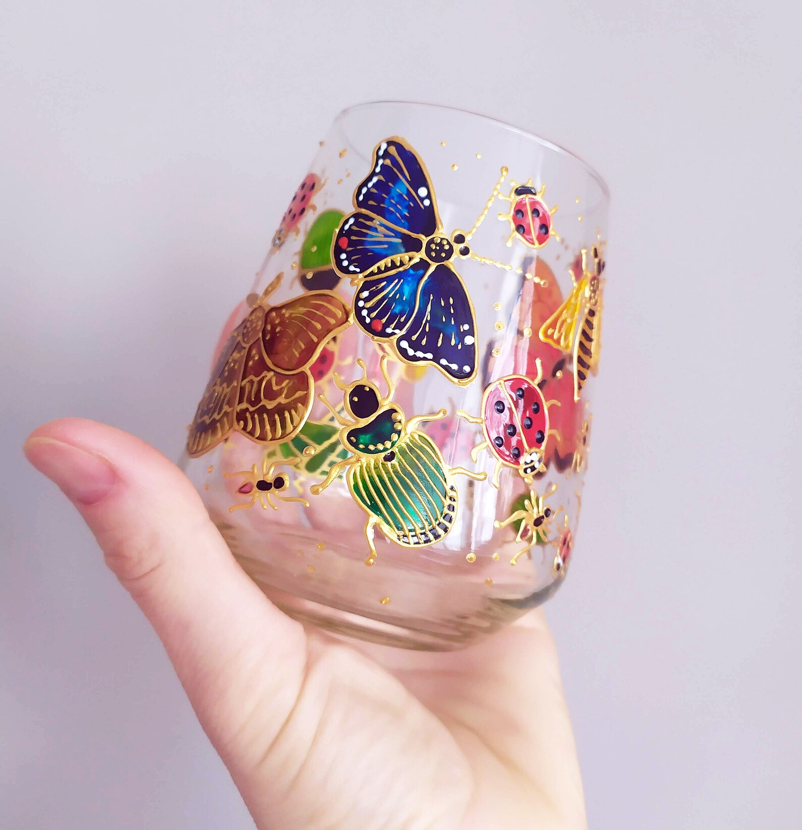 Bugs & Beetles Stemless Wine Glass Insects Hand Painted Glass - Etsy
