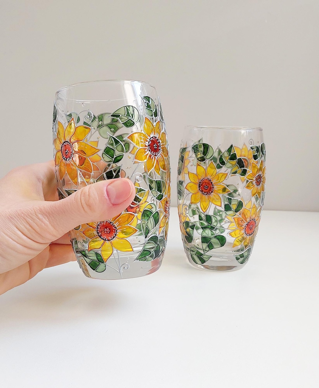 Sunflower Water Glasses Set of 2, Hand-painted Floral Gift Glassware ...
