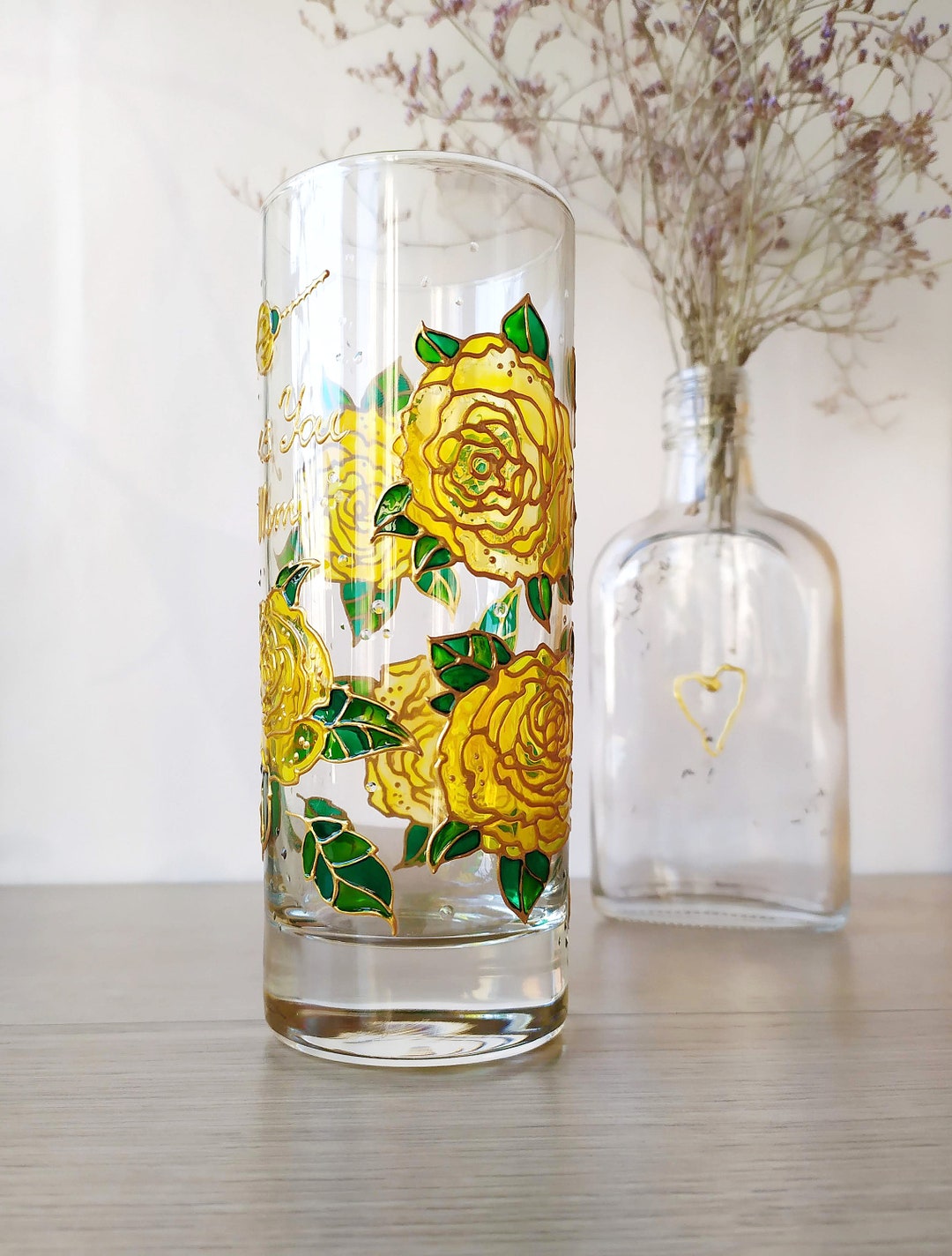 Yellow Roses Everyday Straight Water Glass, Hand Painted Flowers ...