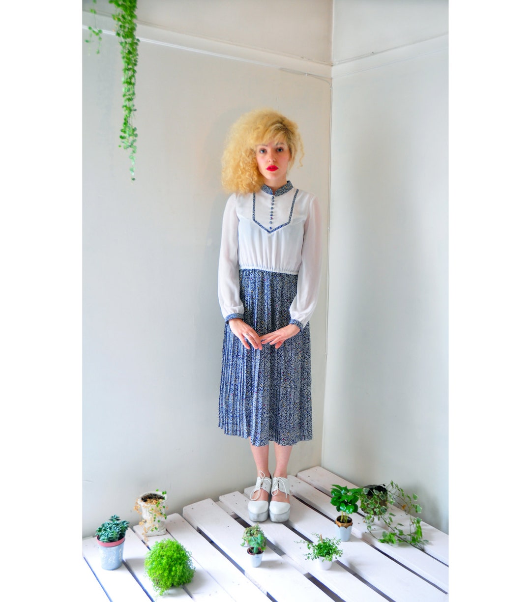 Japanese Vintage Dress/ 80s Day Dreamy Mao Collar Chiffon Midi Dress ...