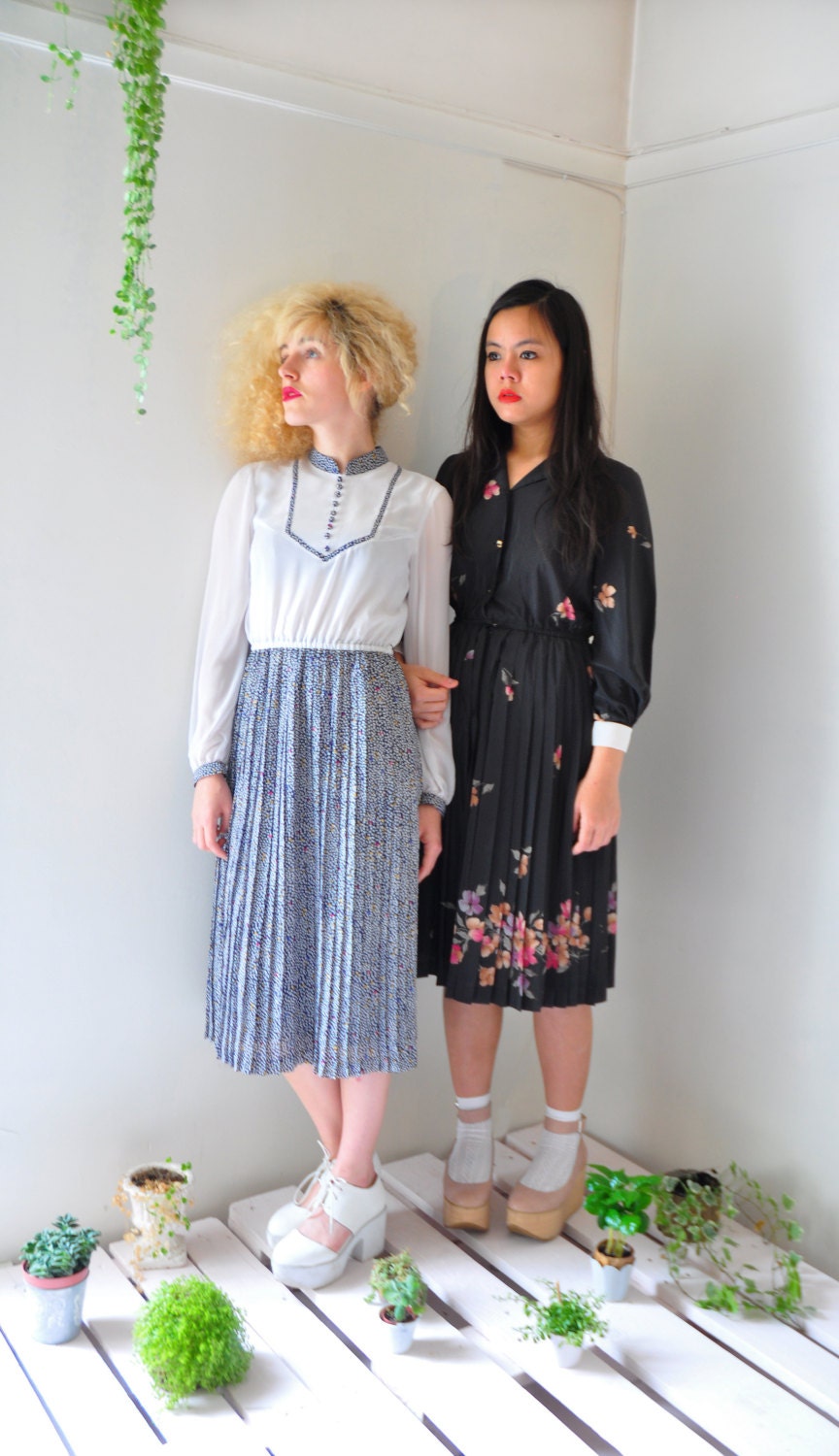 Japanese Vintage Dress/ 80s Day Dreamy Mao Collar Chiffon Midi Dress ...