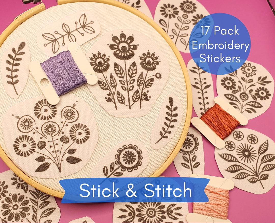 Stick, Stitch and Wash Away, 17pcs Floral Folk Embroidery Designs Water ...