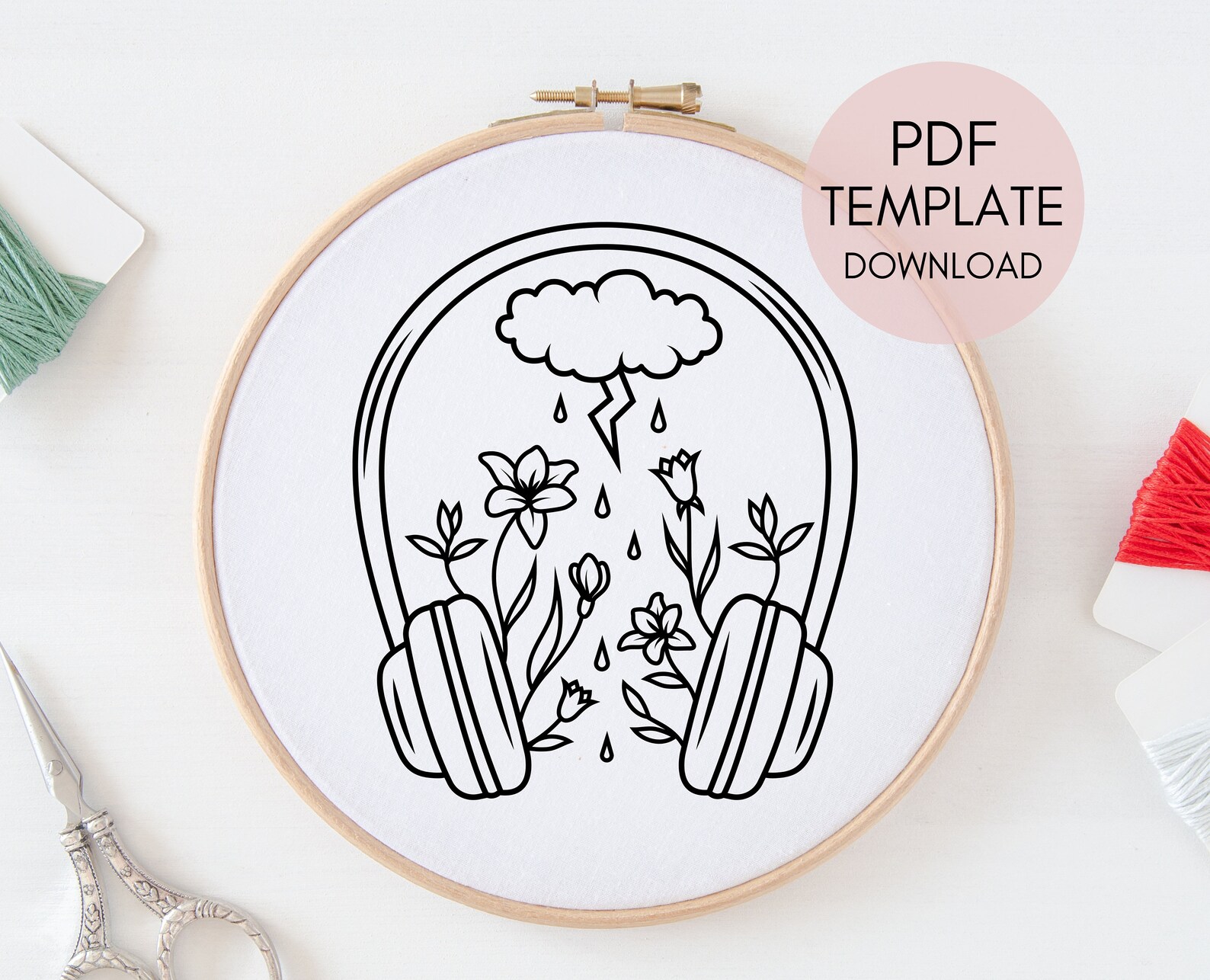 Headphone Music Embroidery Design Pattern, Hand Embroidery Digital ...