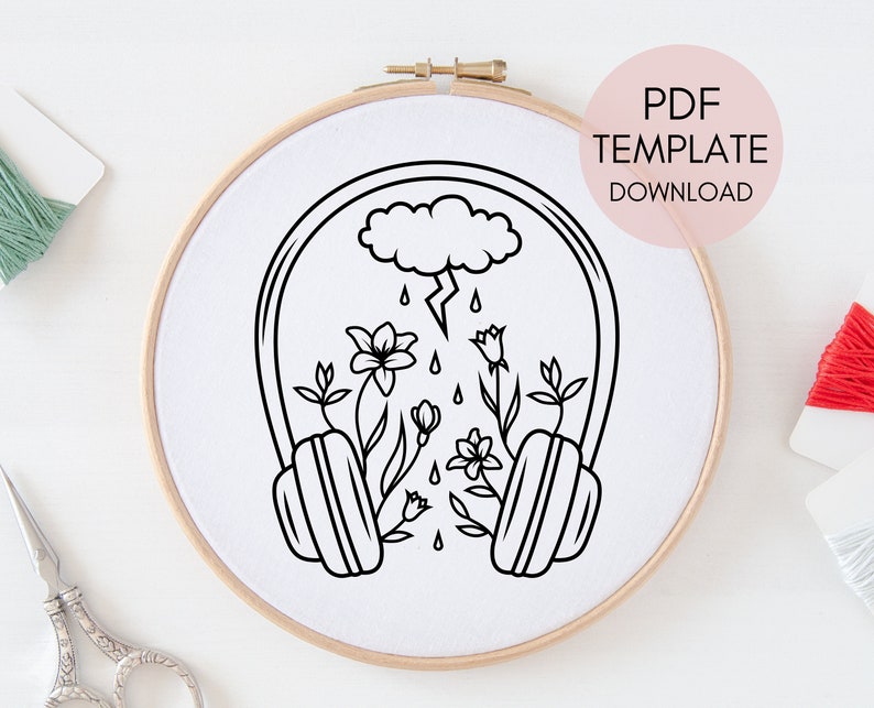 Headphone Music Embroidery Design Pattern, Hand Embroidery Digital ...