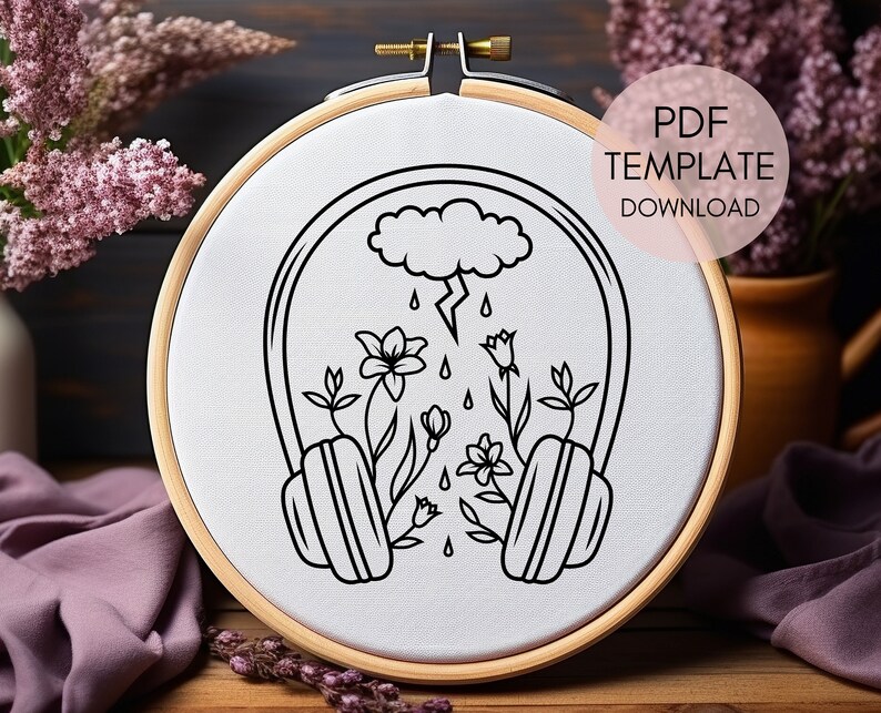 Headphone Music Embroidery Design Pattern, Hand Embroidery Digital ...