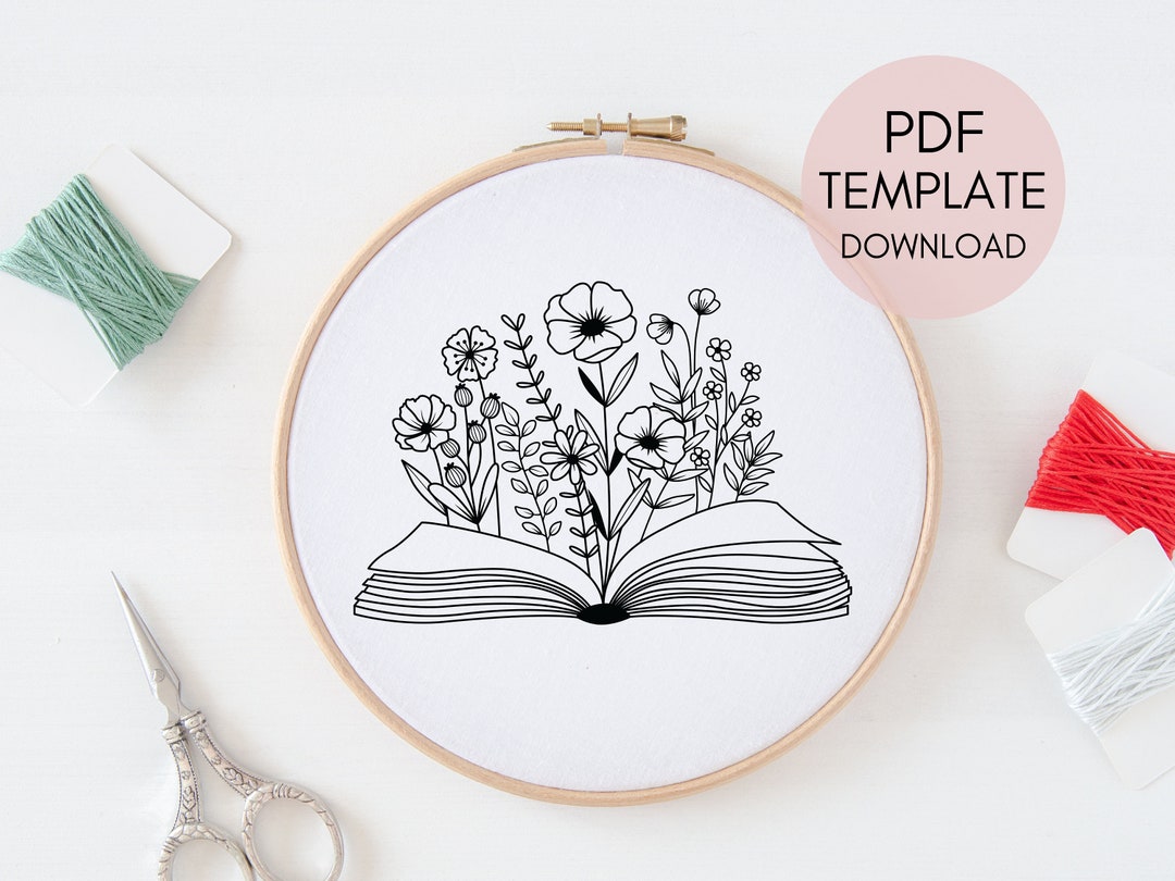 Flower Book Embroidery Design Pattern, Reading Hand Embroidery Digital ...