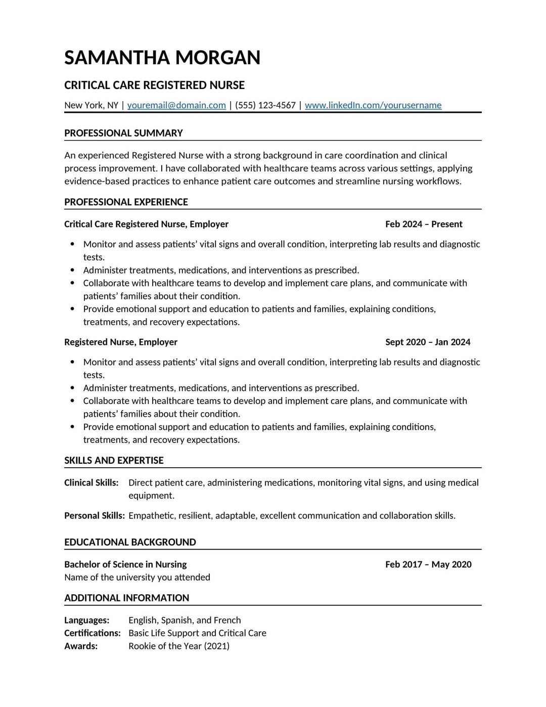 Nurse Resume, ATS Friendly Resume, Compliant, Sample, Word Document ...