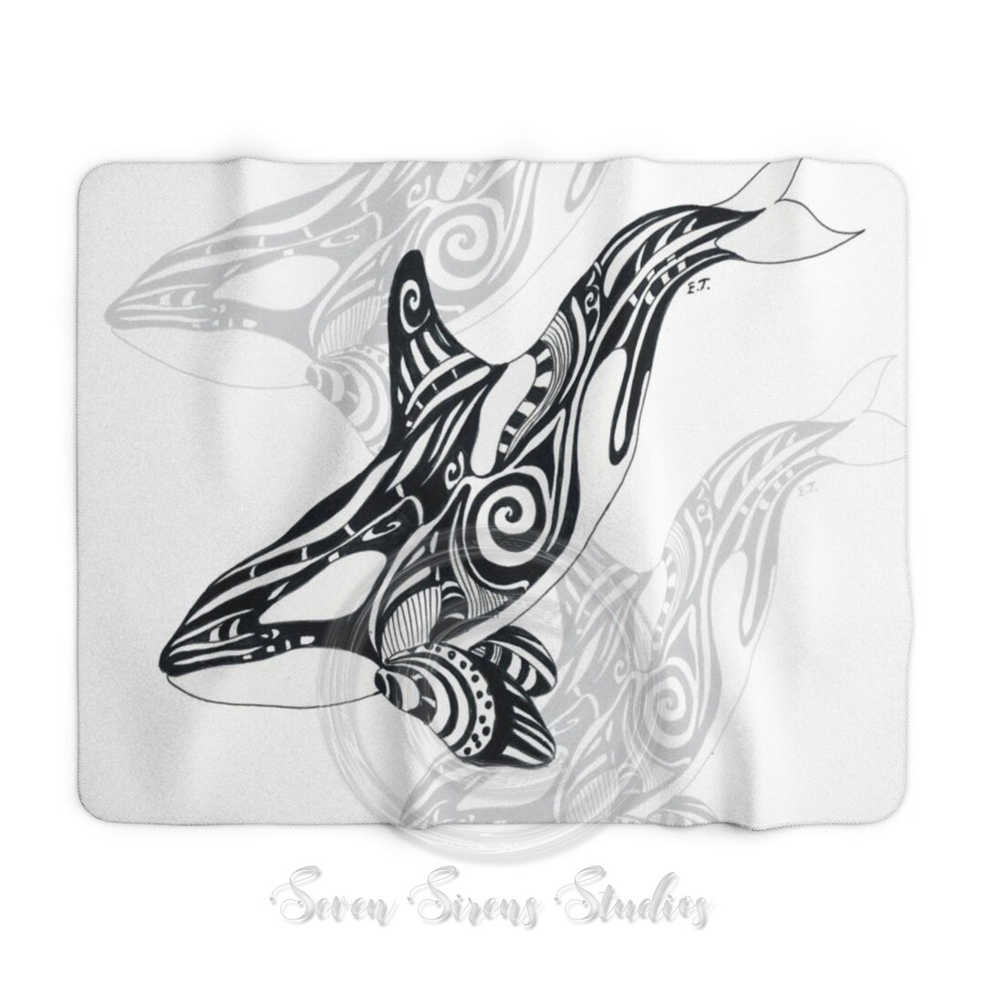 Orca Whale Tribal White Ink Art Sherpa Fleece Blanket - Etsy
