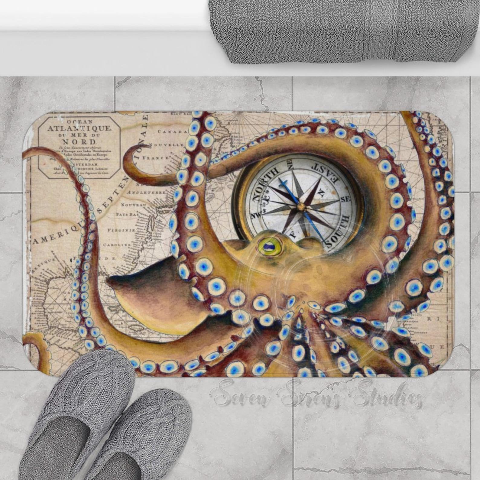 Bathroom Brown Octopus Vintage Map Compass Bath Mat Home & Living Bath ...
