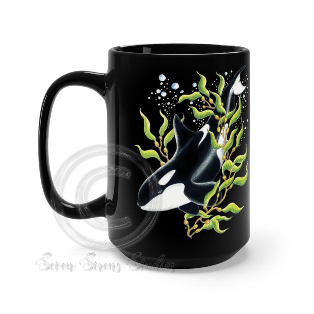 Orca Whale Kelp Forest Ink Art Black Mug 15oz - Etsy