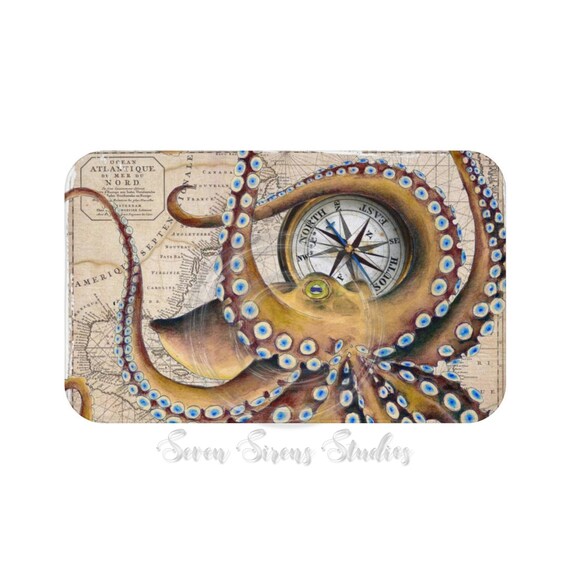 Bathroom Brown Octopus Vintage Map Compass Bath Mat Home & Living Bath ...