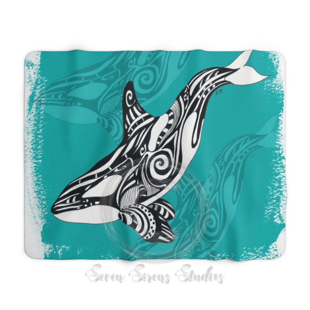 Orca Whale Tribal Teal Sherpa Fleece Blanket - Etsy