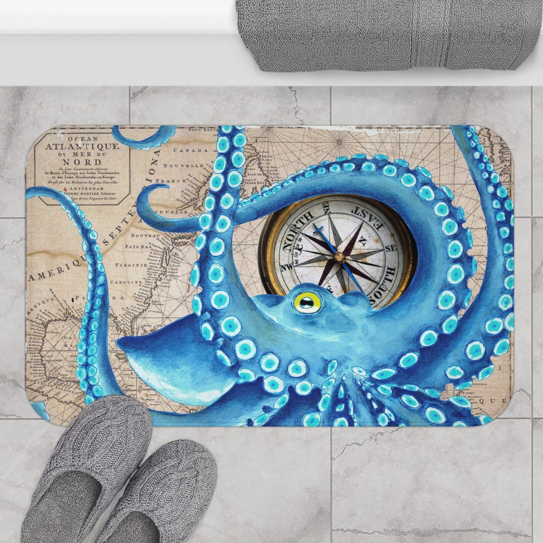 Blue Octopus Compass Vintage Map Nautical Art Bath Mat - Etsy