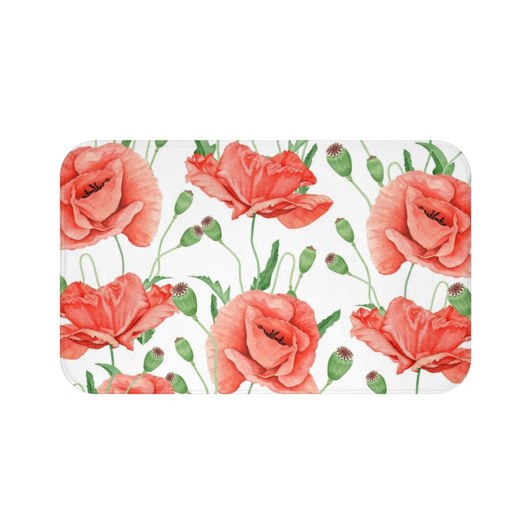 Red Poppies on White Watercolor Art Bath Mat - Etsy