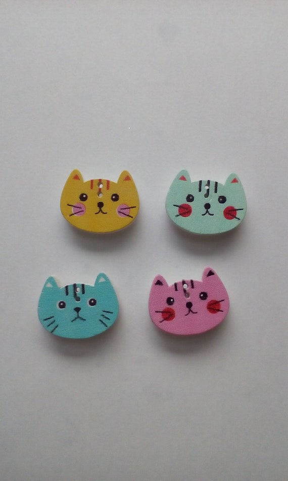 Wooden button cat face fridge magnets multi-coloured x 4 | Etsy