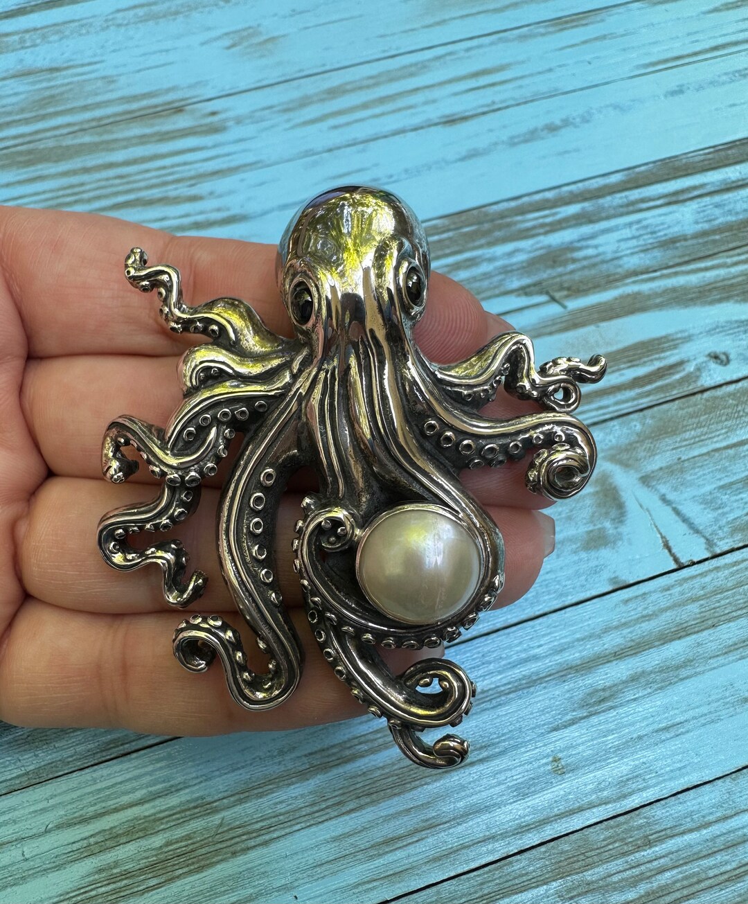 Big Som's Pearl Sterling Silver Octopus With Onyx Eyes Pendant - Etsy