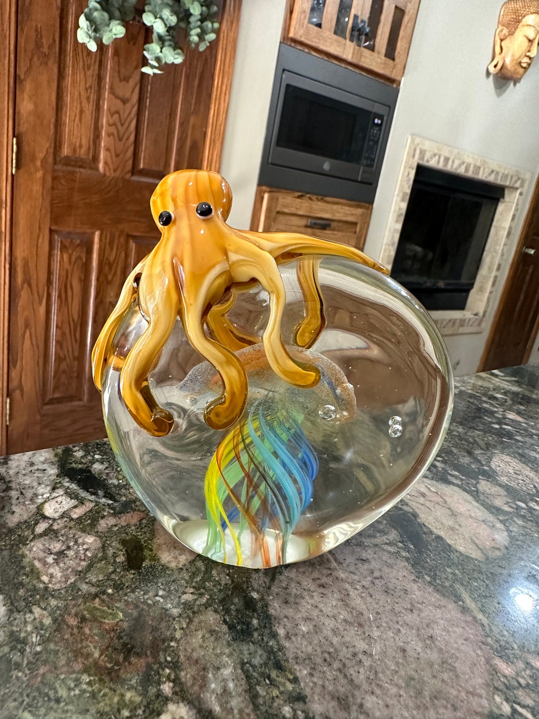 Glass Octopus Jellyfish Ocean Statue Paperweight Rainbow Orange Brown ...