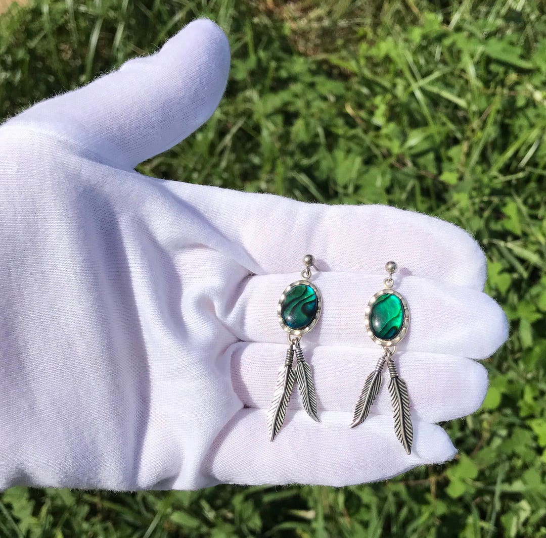 STUNNING Navajo Green Abalone Shell Sterling Silver Feather Hanging ...