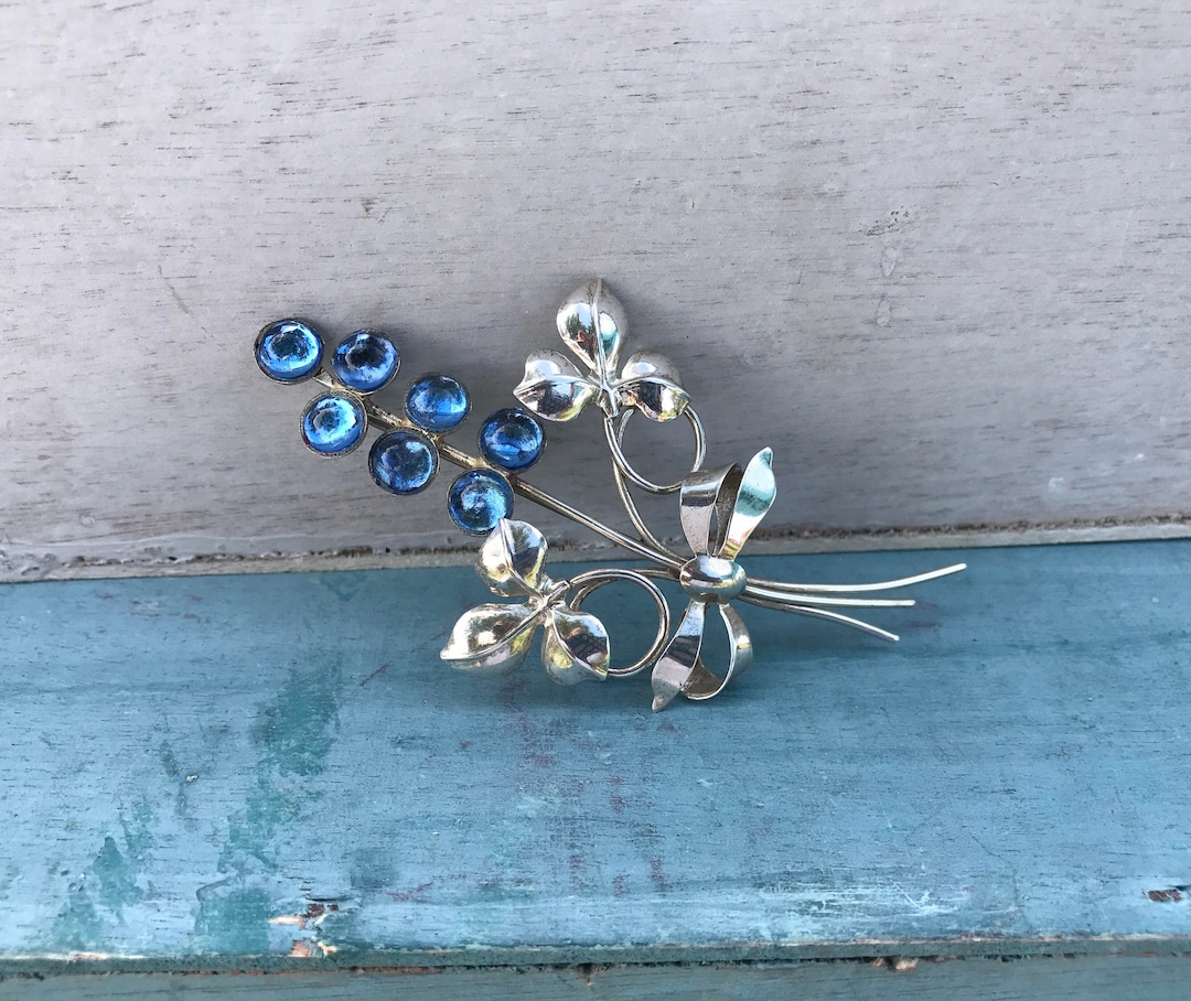 BIG 3.5 Sterling Silver Blue Gem Flower Bouquet Ribbon Brooch Pin 11g ...