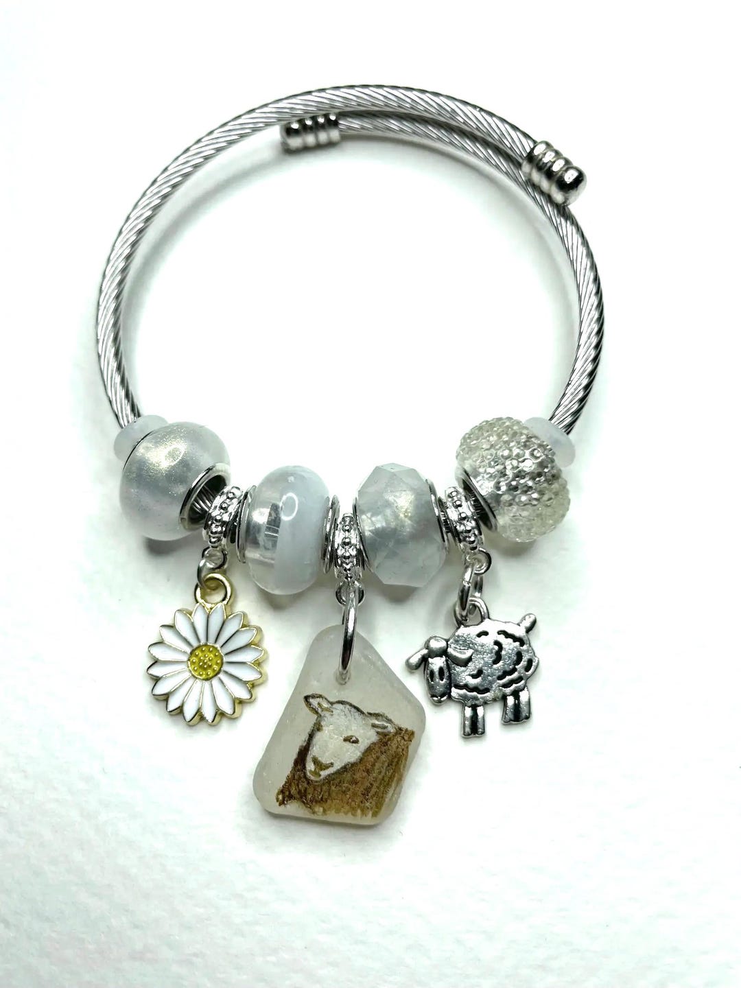 Sheep Sea Glass Steel Bangle Bracelet - Mixed Beads - Etsy