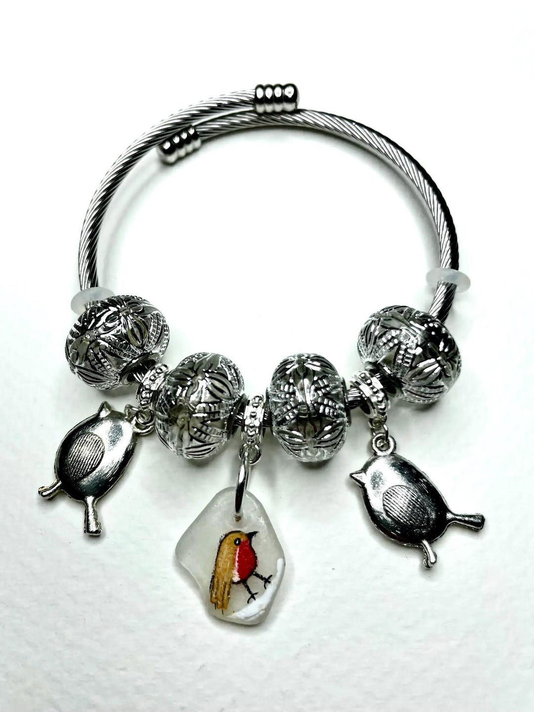 Robin Sea Glass Steel Bangle Bracelet - Mixed Beads - Etsy